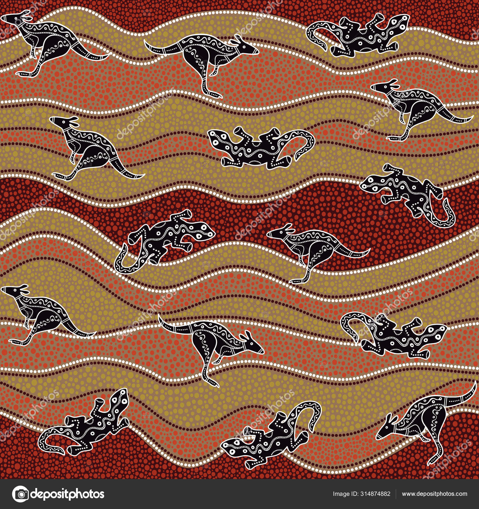 Australian aboriginal art seamless vector pattern with kangaroo, lizard ...