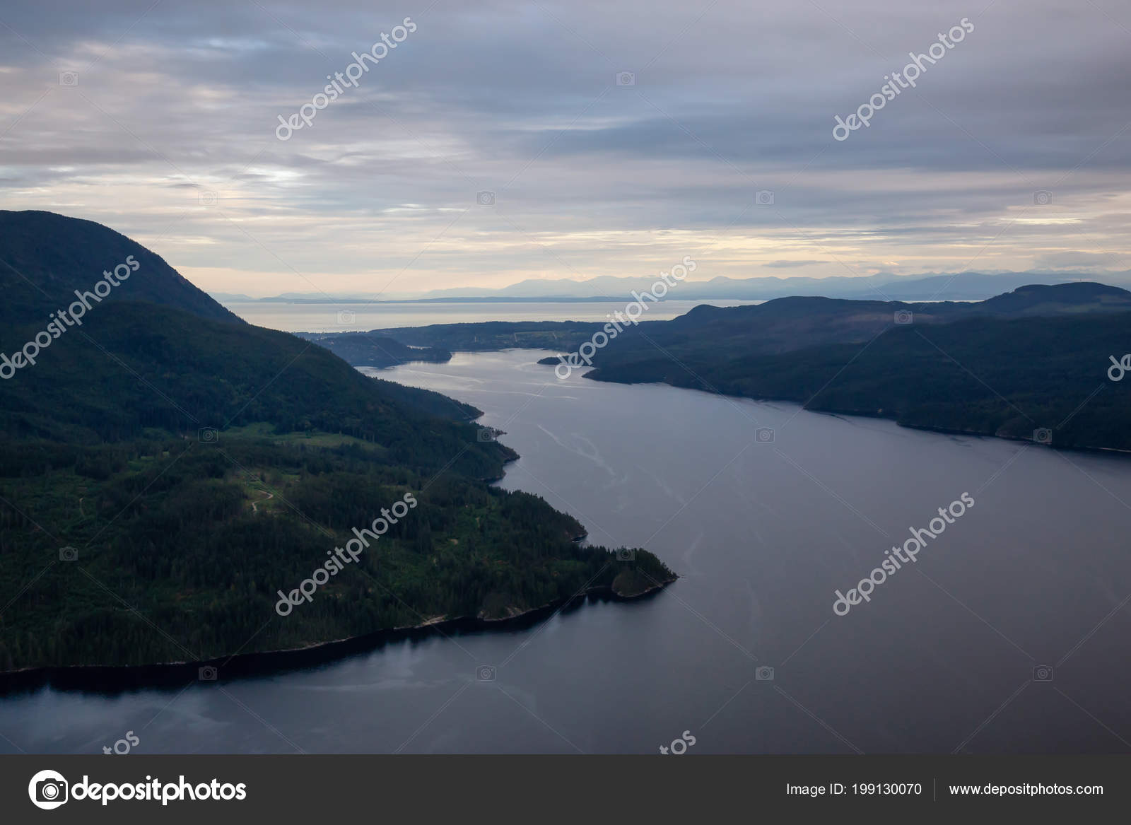Aerial View Sechelt Inlet Vibrant Cloudy Sunset Taken Sunshine Coast ...