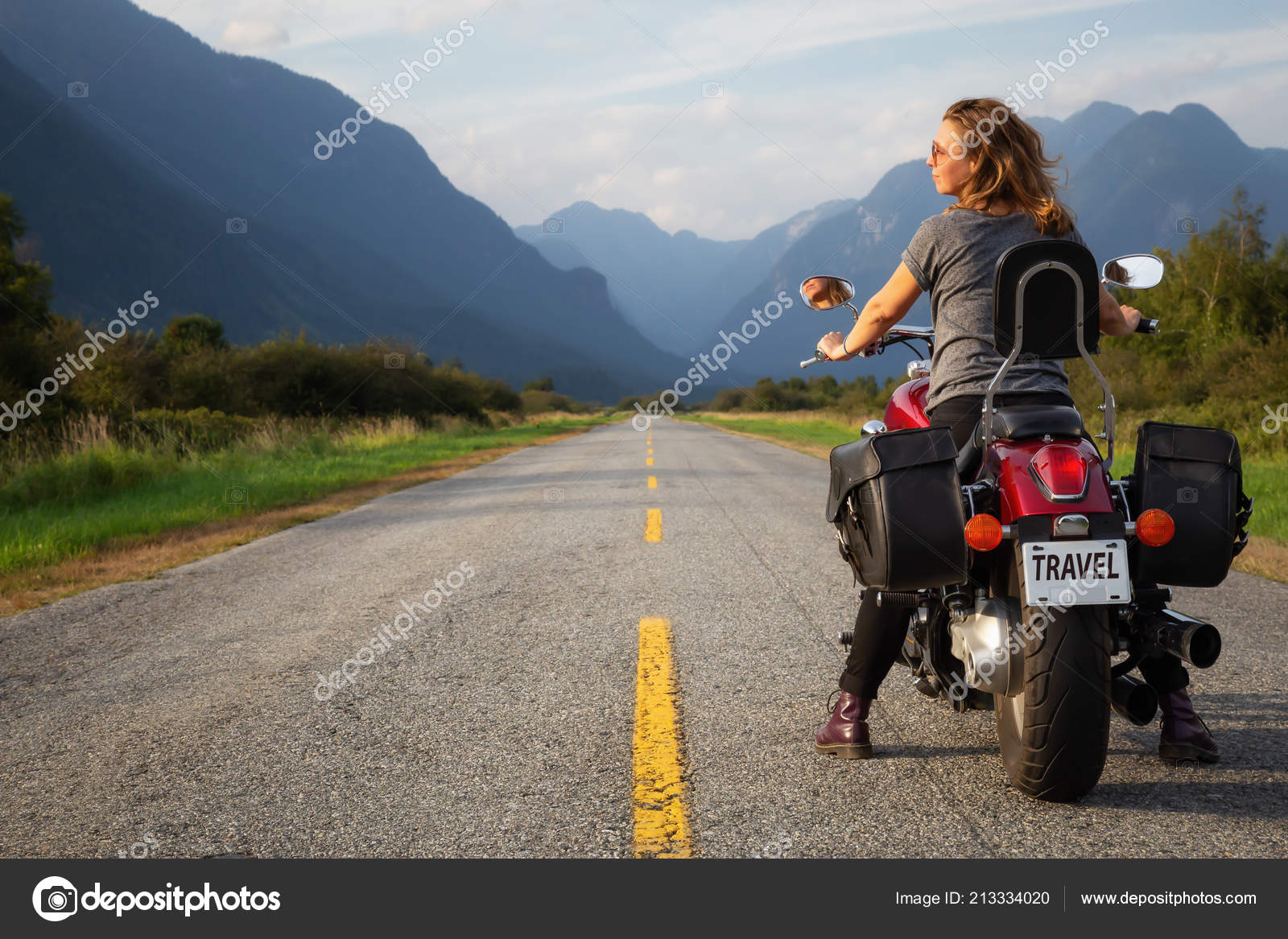 Woman Riding Motorcycle Scenic Road Surrounded Canadian Mountains Taken ...