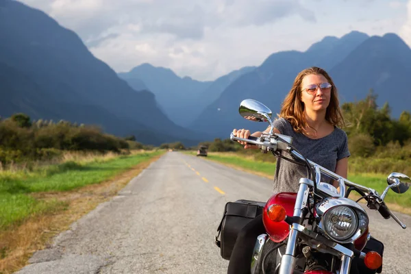 Woman Riding Motorcycle Scenic Road Surrounded Canadian Mountains Taken ...