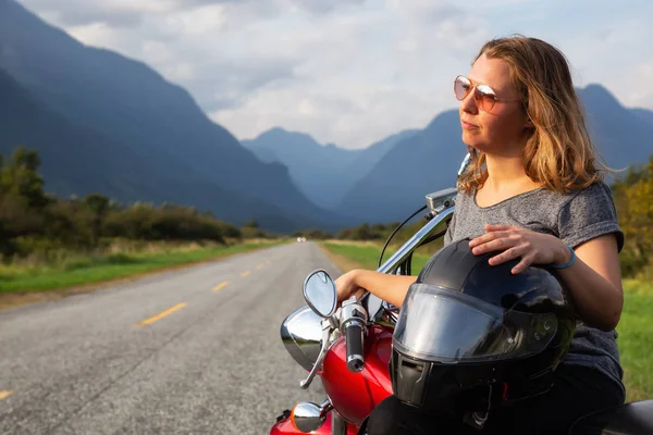 Woman Riding Motorcycle Scenic Road Surrounded Canadian Mountains Taken ...