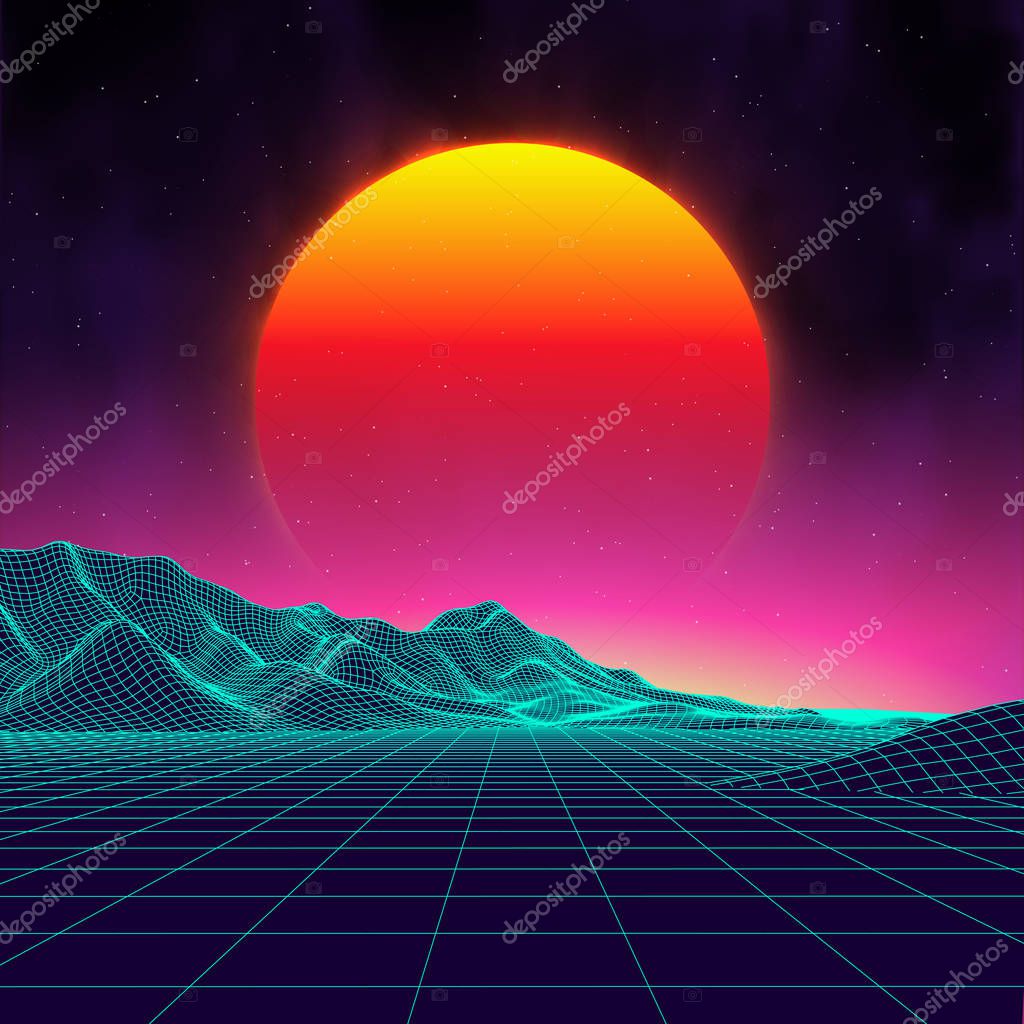 Fondo retro paisaje futurista estilo de los años 80. Superficie ...