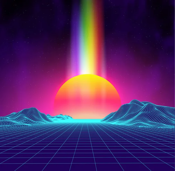 Retro background futuristic landscape 1980s style. Digital retro ...