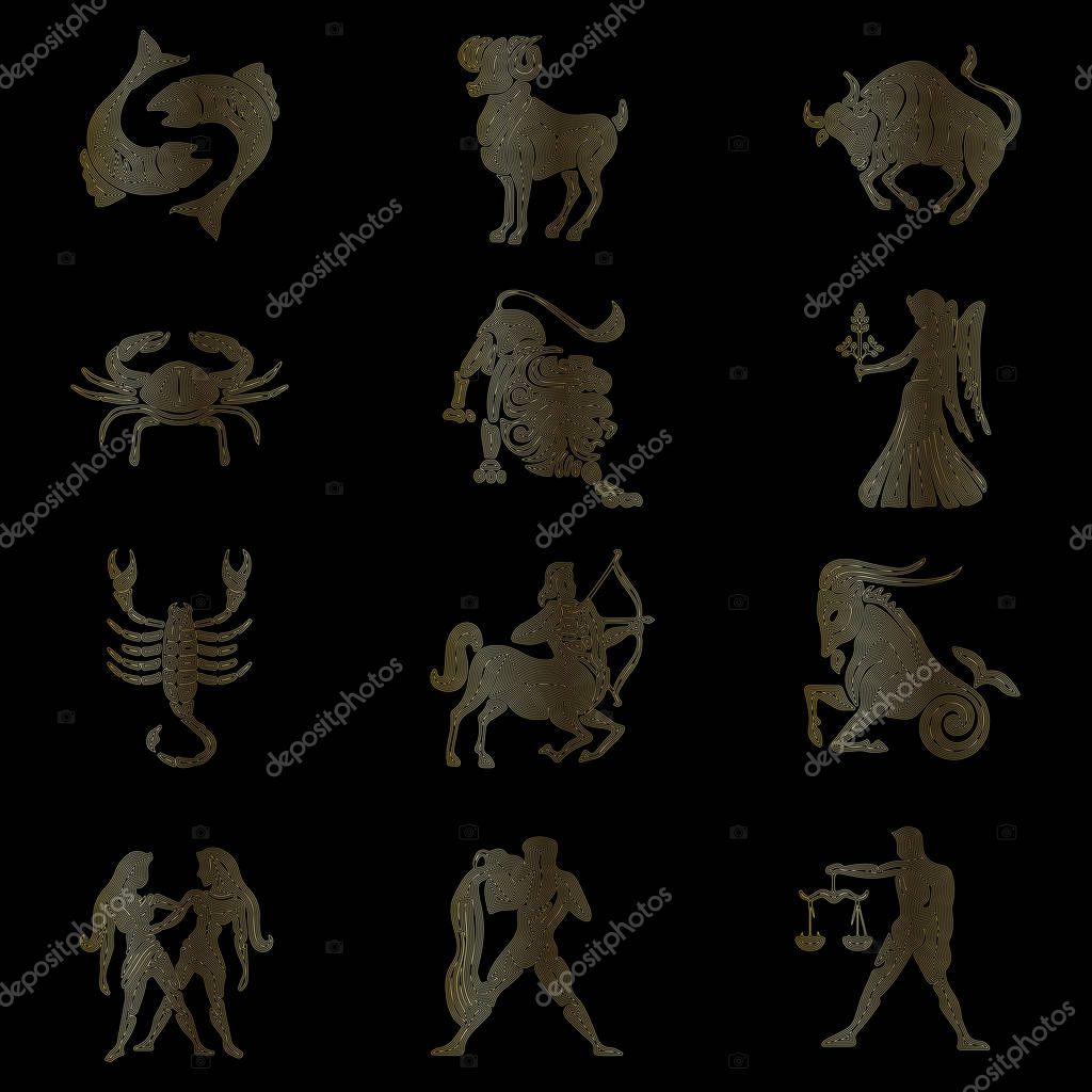 Conjunto de signos del zod aco, s mbolos del zod aco, dibujo lineal, signos del zod aco con l ...