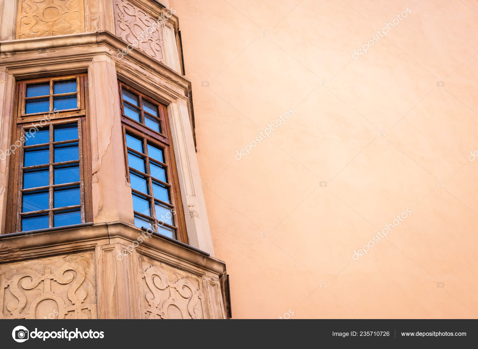 Beautiful vintage windows with sky reflection. Skin color, copy space ...