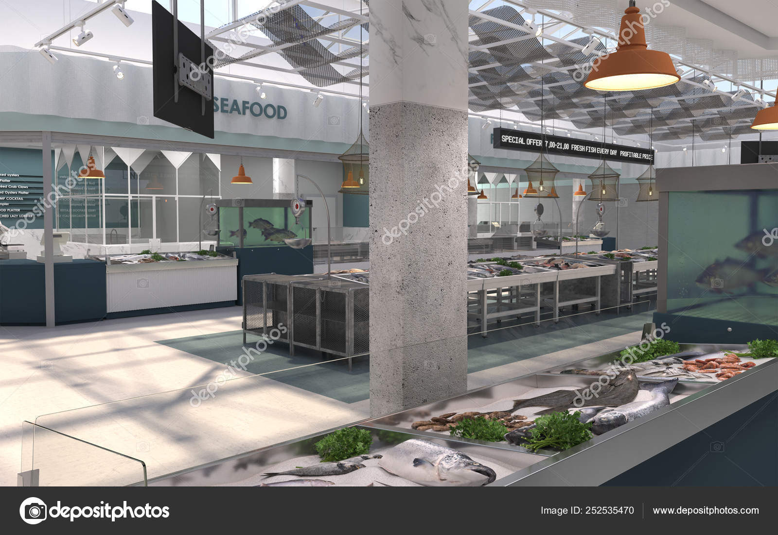 Interior Shop Fresh Fish Seafood Render Design Project Fish Market ...