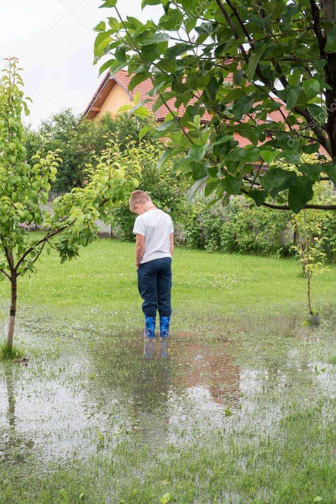 El jardín está inundado. Consecuencias del aguacero, inundación. Verano ...