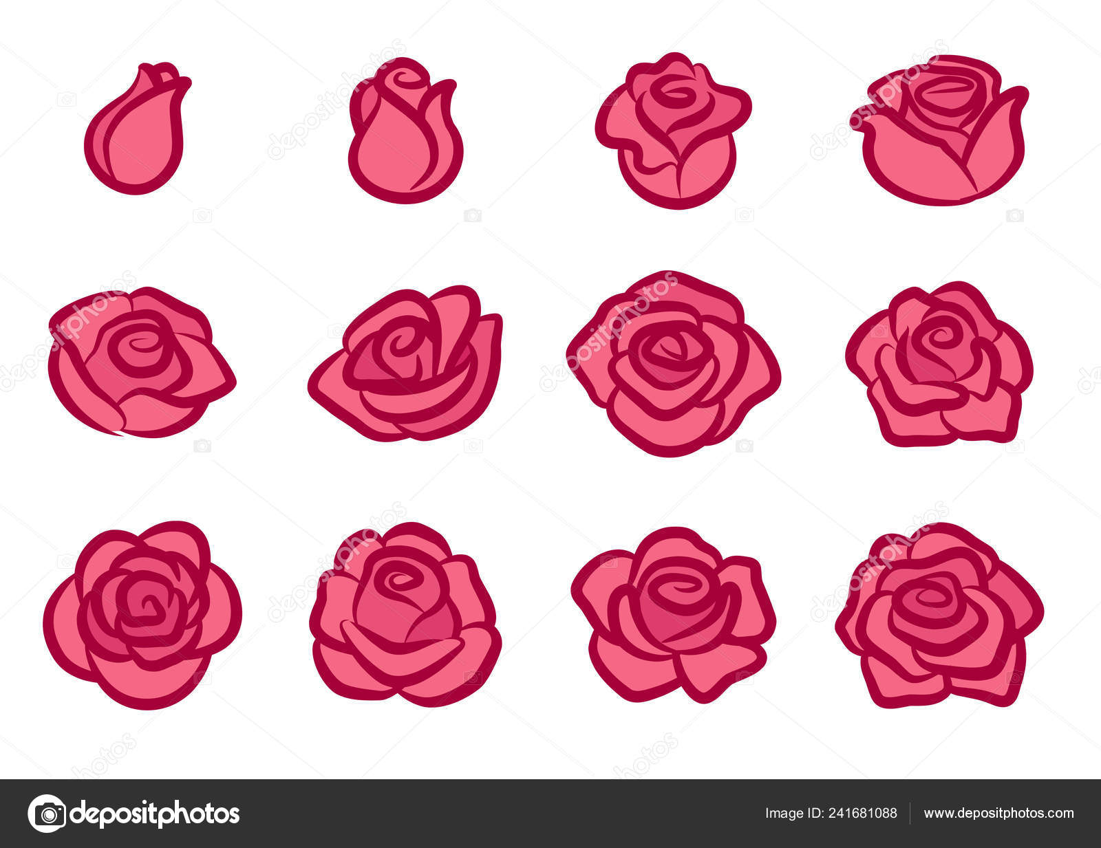 Rose Blossom Icon Set Simple Pink Red Rose Flower Design Stock Vector ...