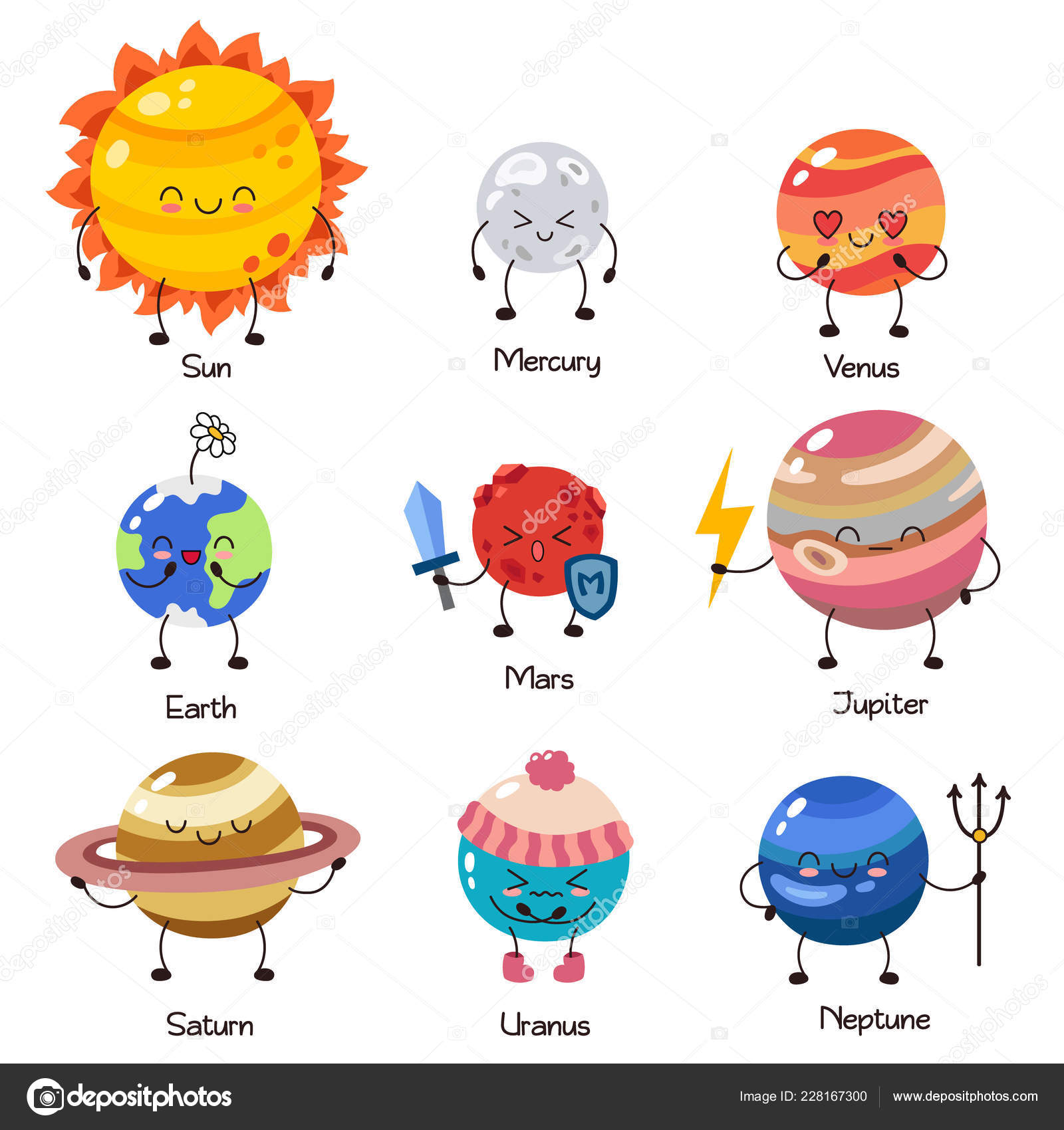 Set Vector Doodle Cartoon Icons Planets Solar System Comic Colored