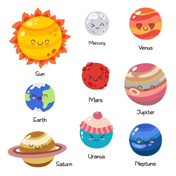 Set Vector Doodle Cartoon Icons Planets Solar System Comic Colored