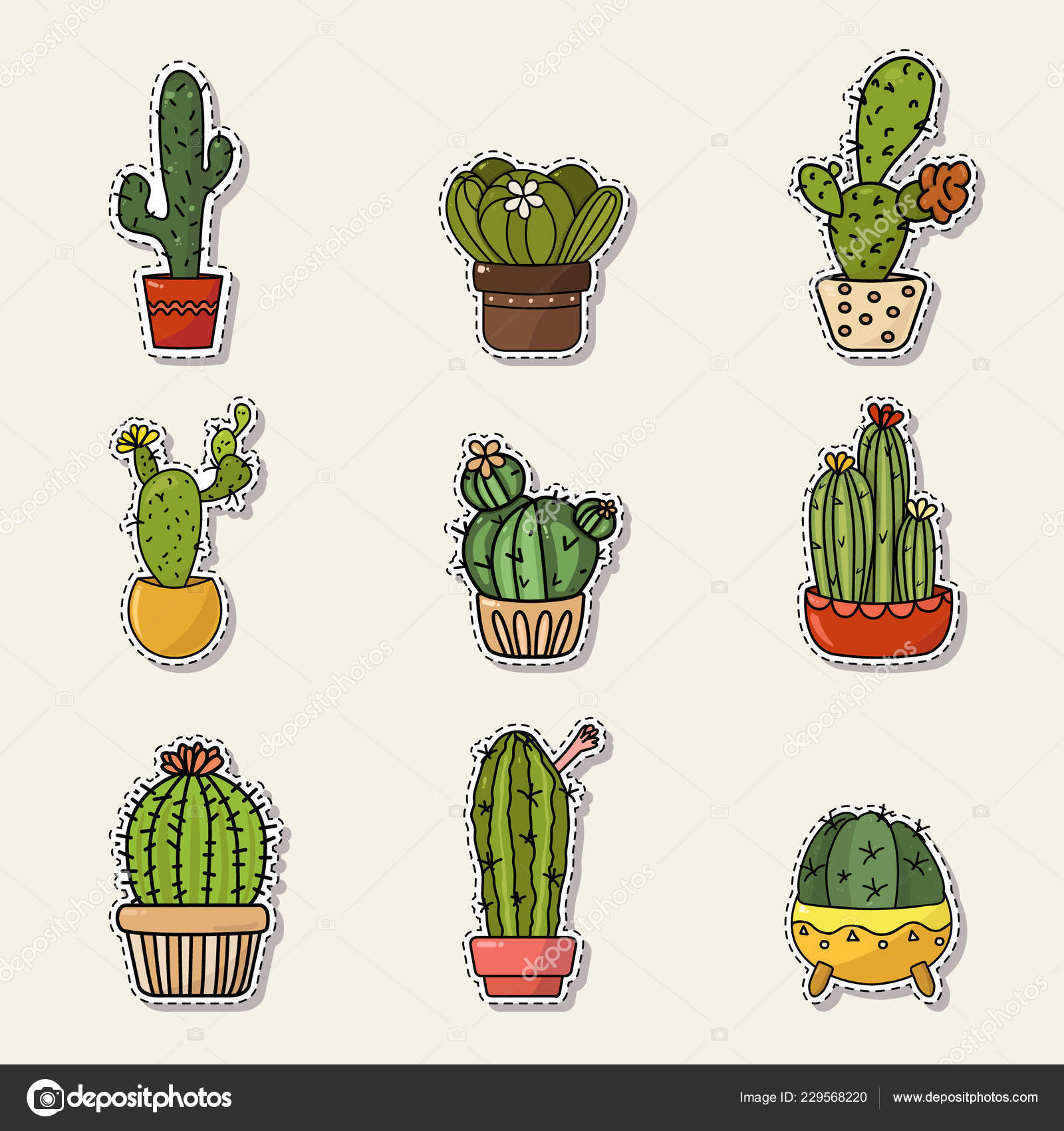 Set Cute Cartoon Doodle Vector Illustration Cactus Pot Patch Badge ⬇ ...