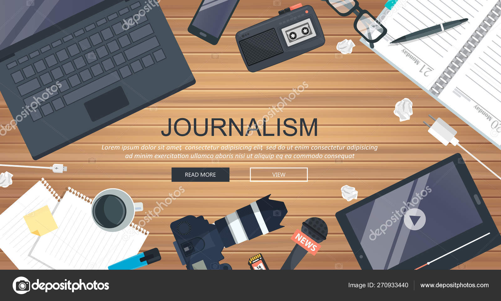 Independent Journalism Flat Banner Equipment Journalist Desk Flat ...