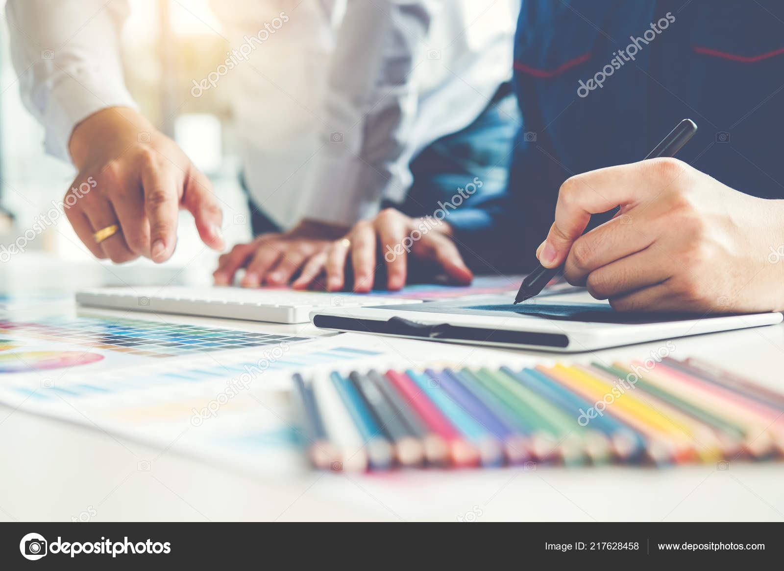 Two Graphic Designer Drawing Graphics Tablet Color Palette Guide ...