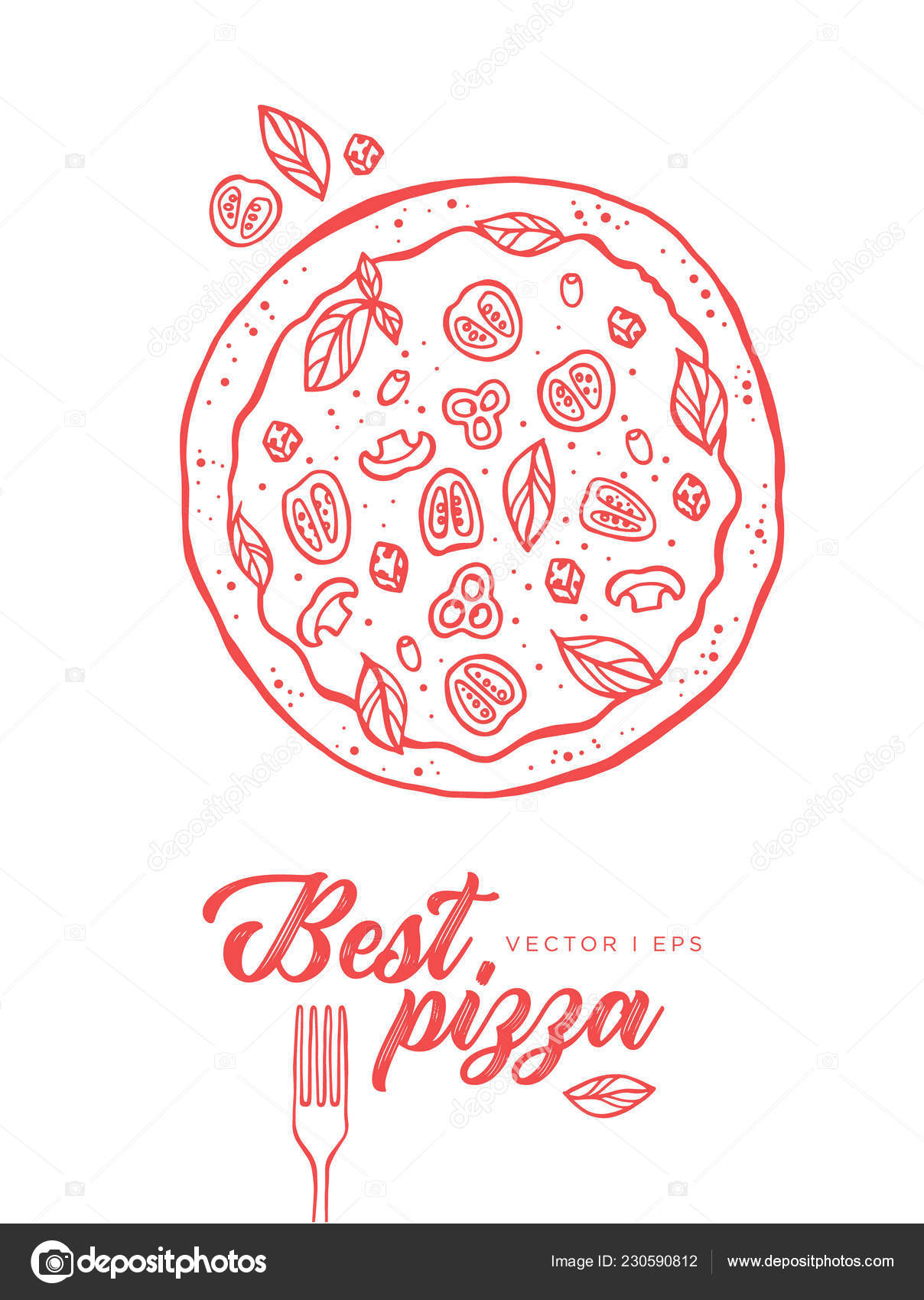 Hand Drawn Vegetable Pizza Sketch Made Tomato Basil Mushrooms Olives ...