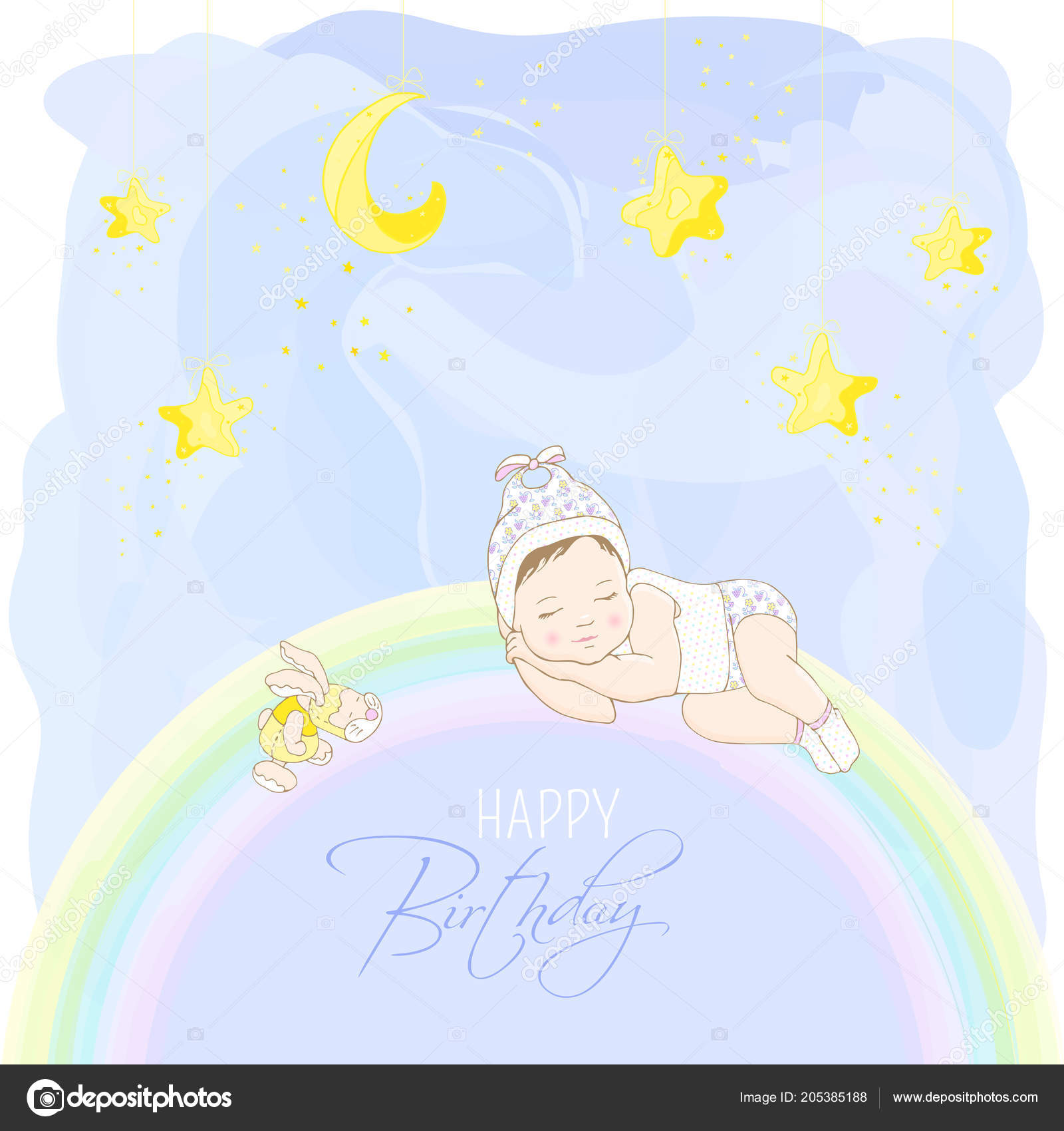 Happy birthday card wirh sleeping baby. Stock Vector by ©mirrima 205385188