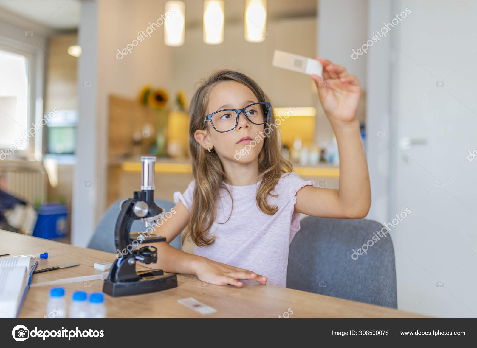 Portrait Curious Little Scientist Beautiful Elementary Schoolgirl Uses ...