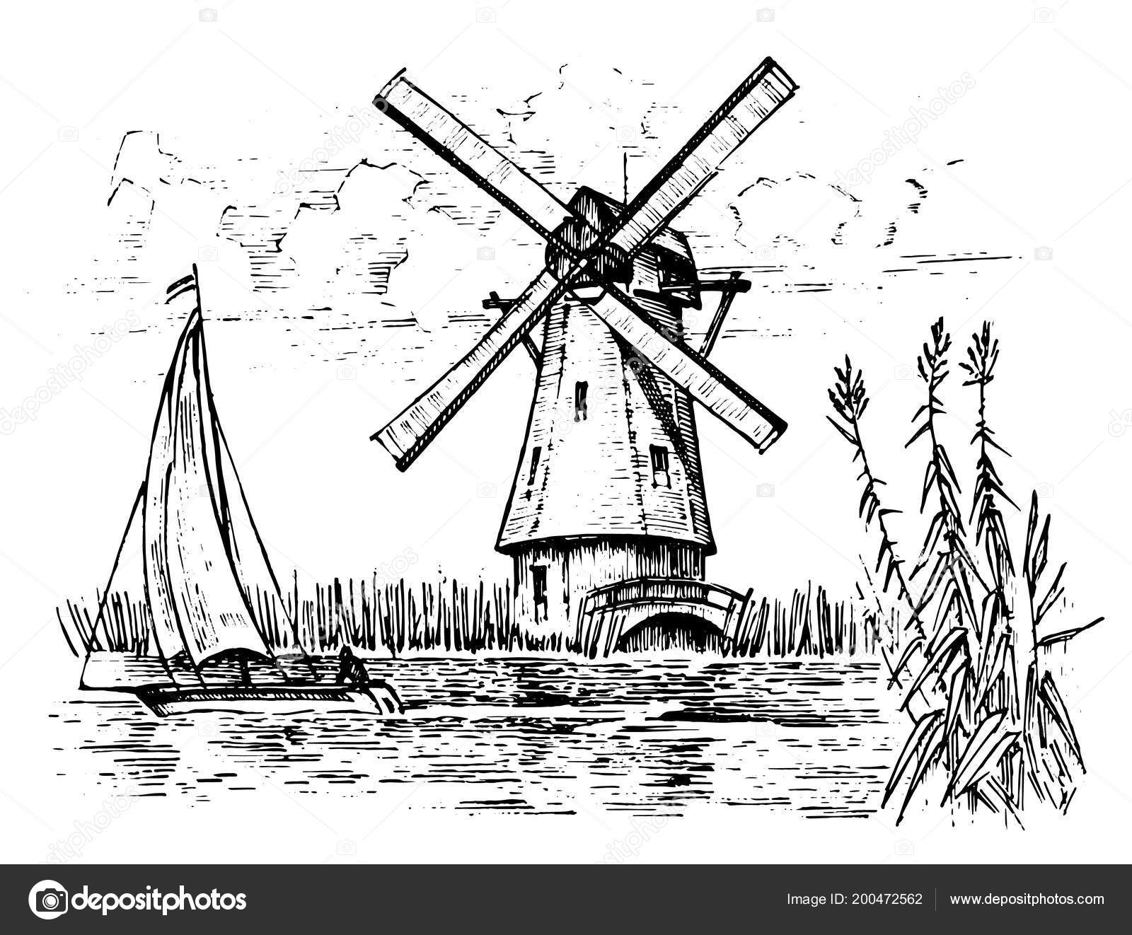 Windmill landscape in vintage, retro hand drawn or engraved style, can ...