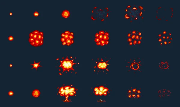 Pixel art 8 bit fire objects. Nuclear explosion. Game icons set. Comic ...