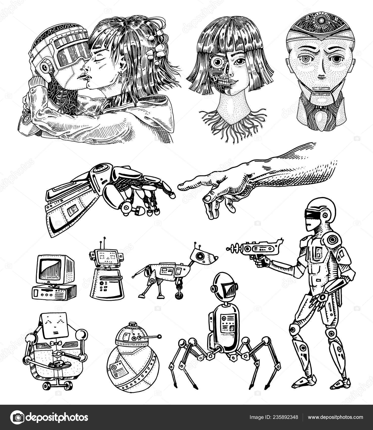 Set of Artificial intelligence concept. Robots evolution and Hand touch ...