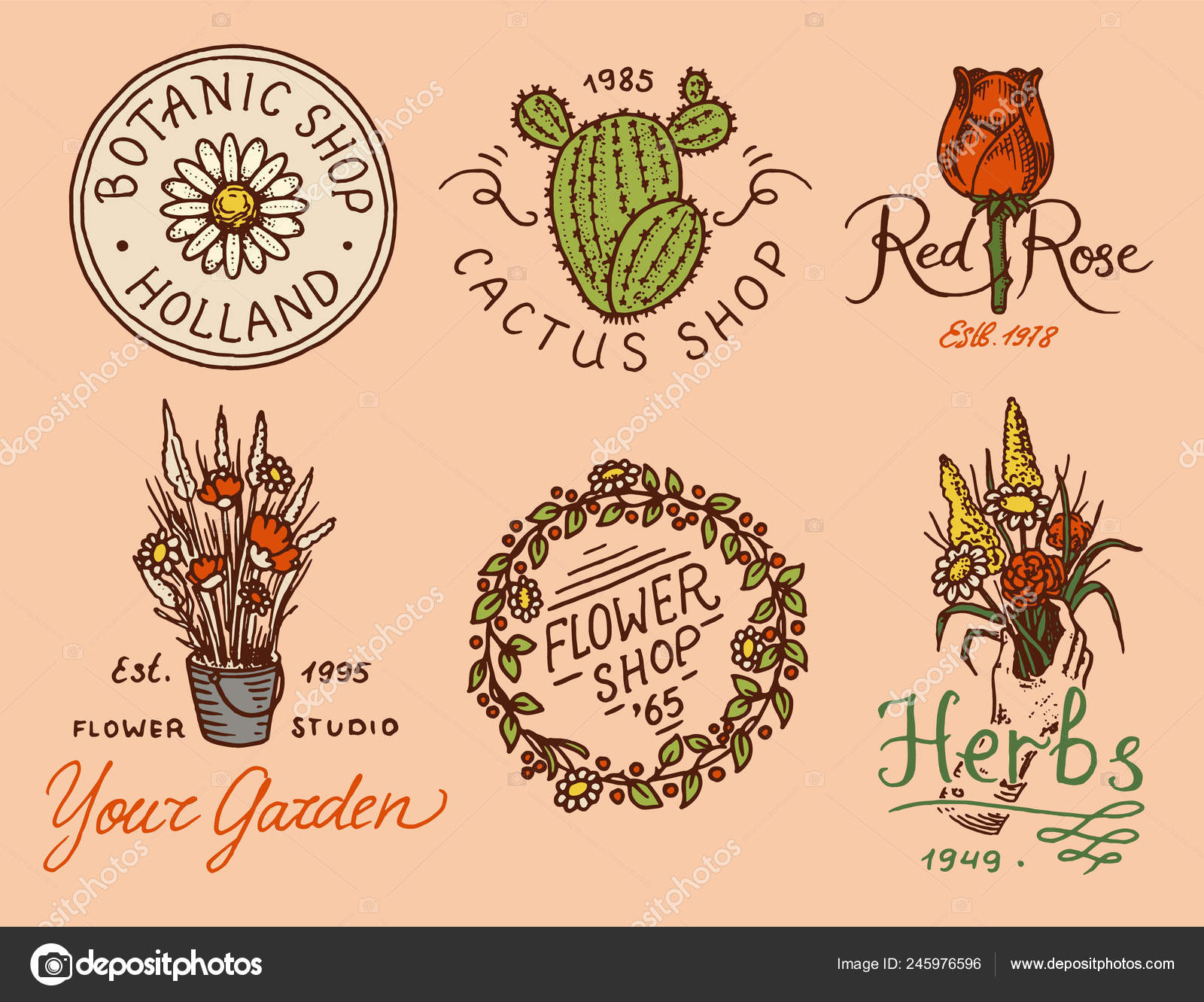 Flower shop emblems and Bright logo. Vintage bouquet. Gardening signs ...