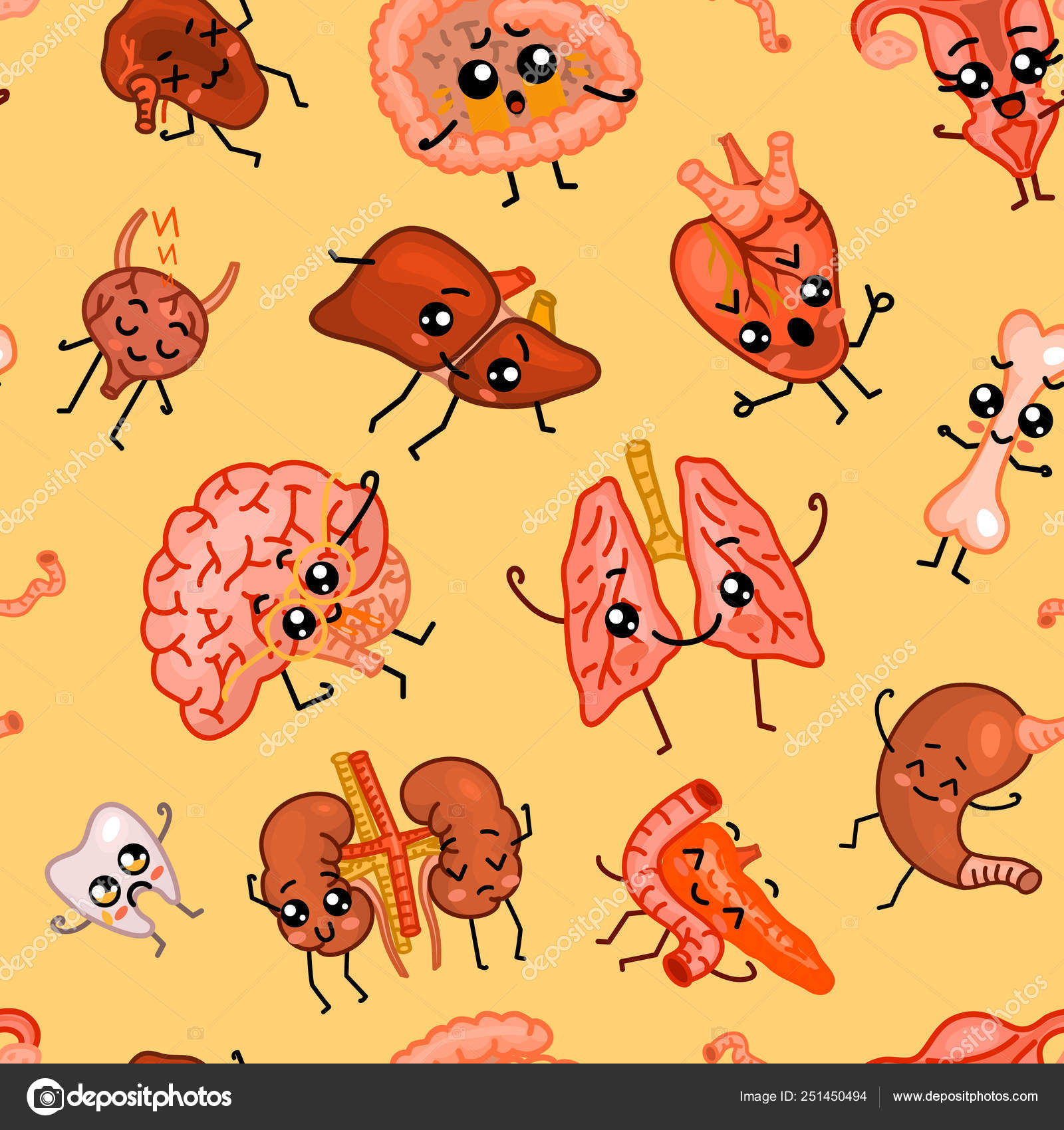 Cute organs Seamless pattern. Happy human, Set of smiling character ...