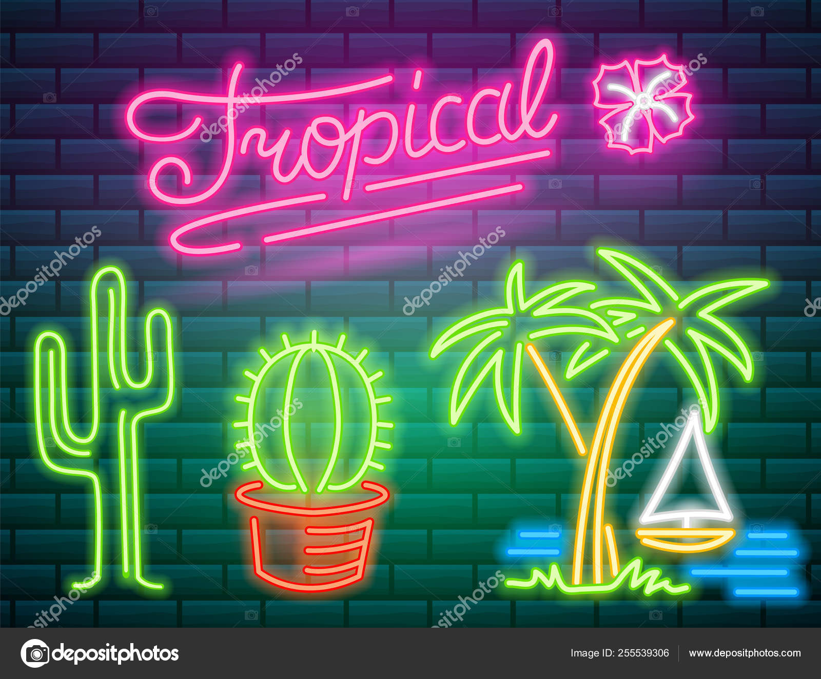Tropical neon signs. Cactus and palm. Summer logo for Club or bar on ...
