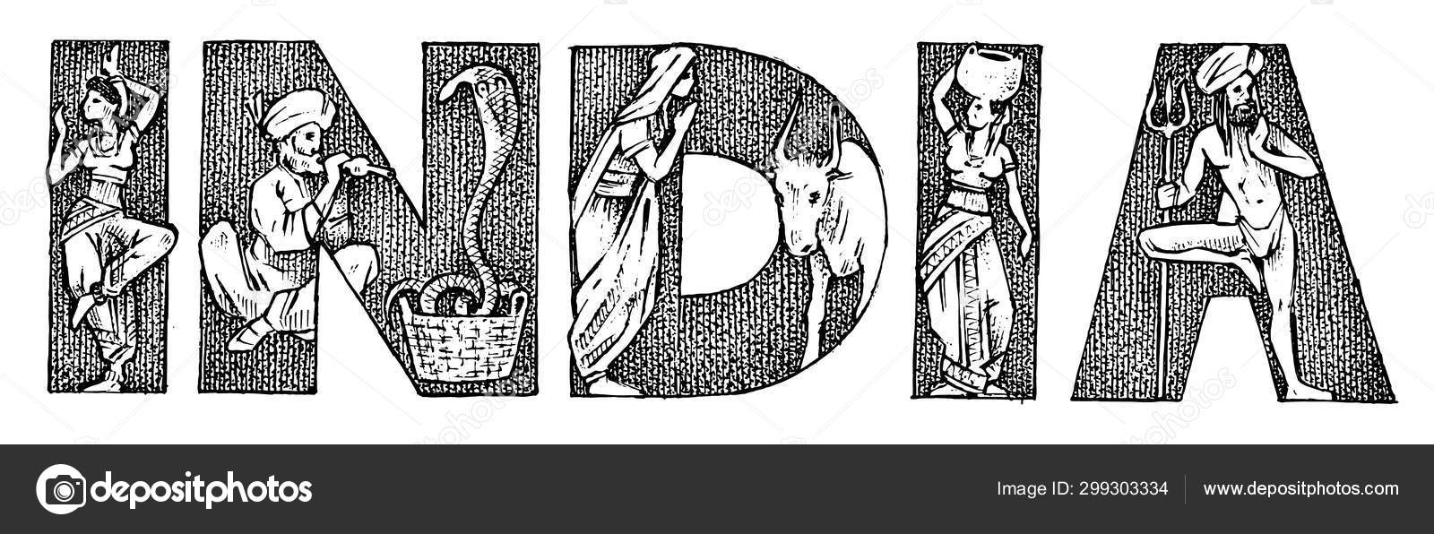 Letras da Índia. Letras decorativas em estilo vintage. Dupla exposição ...