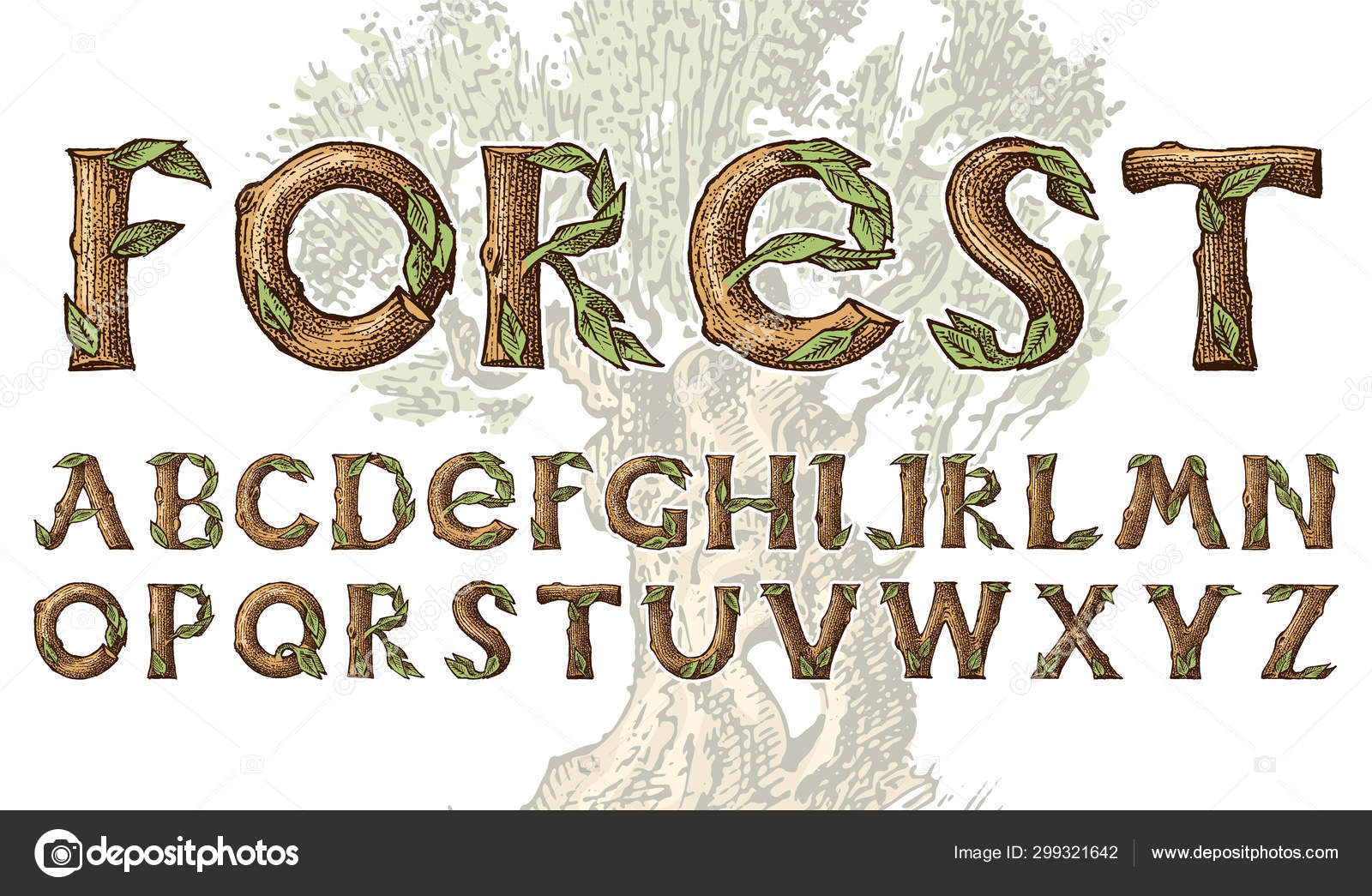 Antique wood Font for forest posters. Decorative ancient alphabet ...