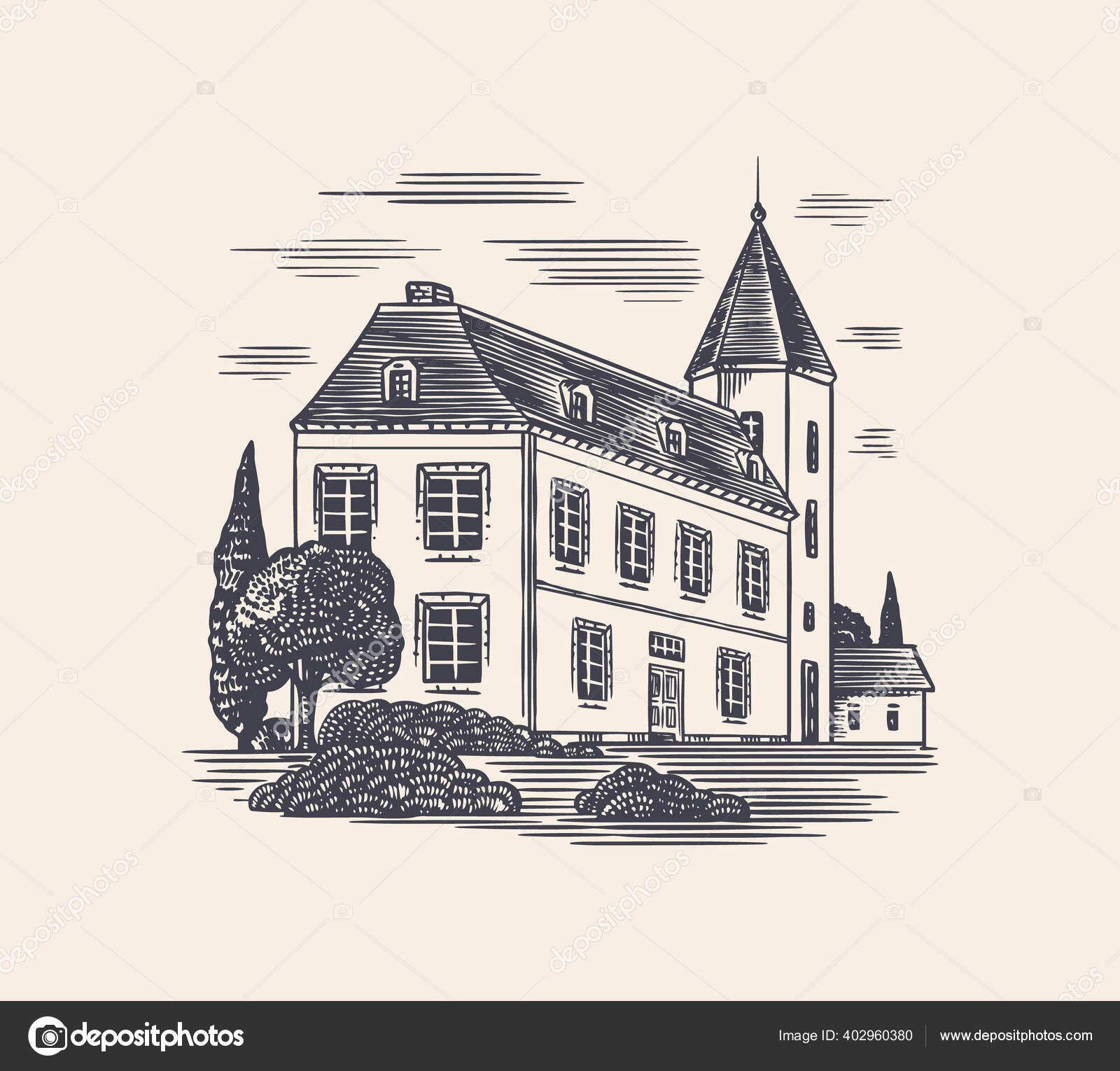 Unidade de produção de álcool. Castelo de Cognac. Gravado mão desenhado ...