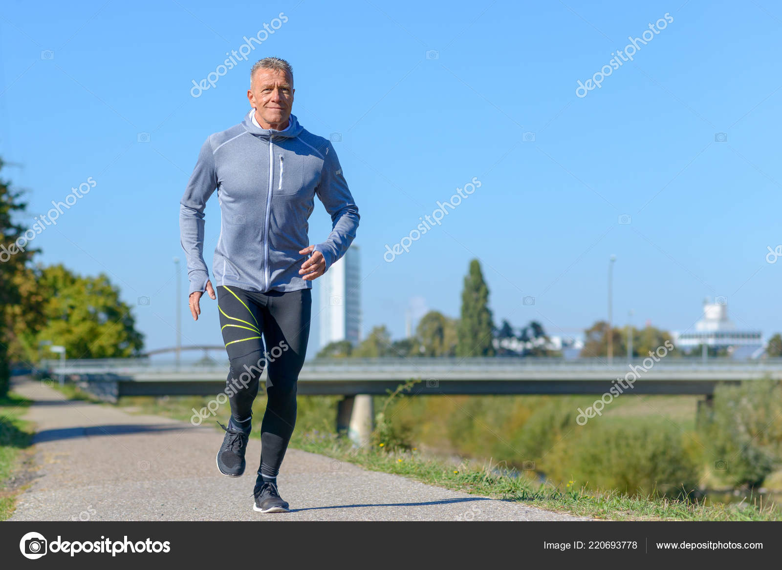 Front View Gray Smiling Man Wearing Sportswear Running River Stock ...