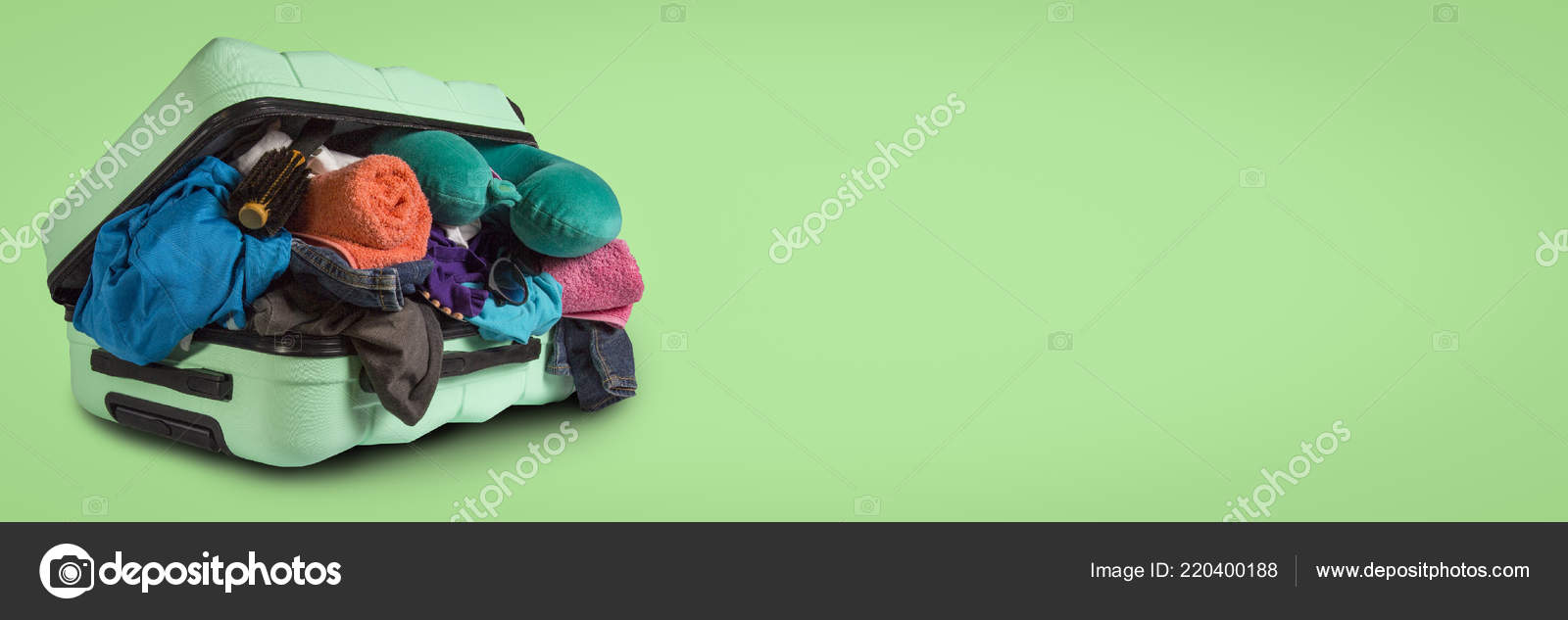 Plastic Suitcase Wheels Overflowing Things Green Background Travel ...