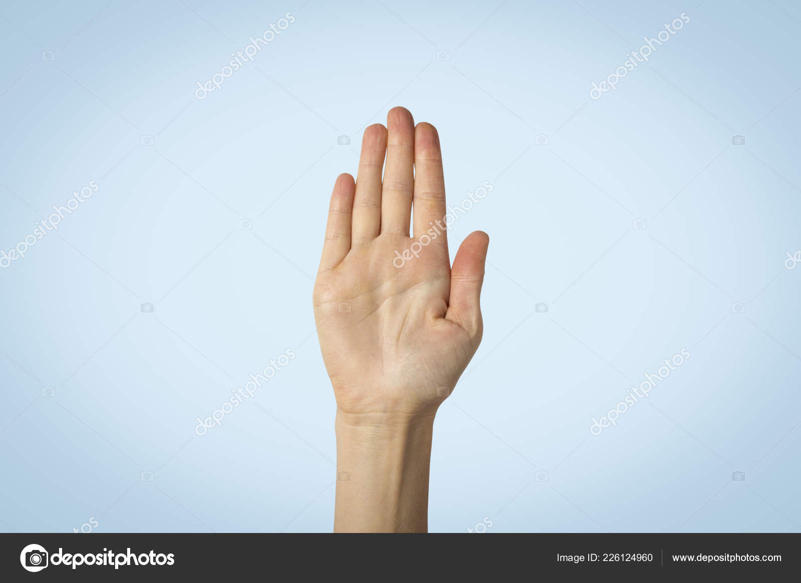 Female Palm Raised Blue Background Stop Gesture Concept Stop Someone ...