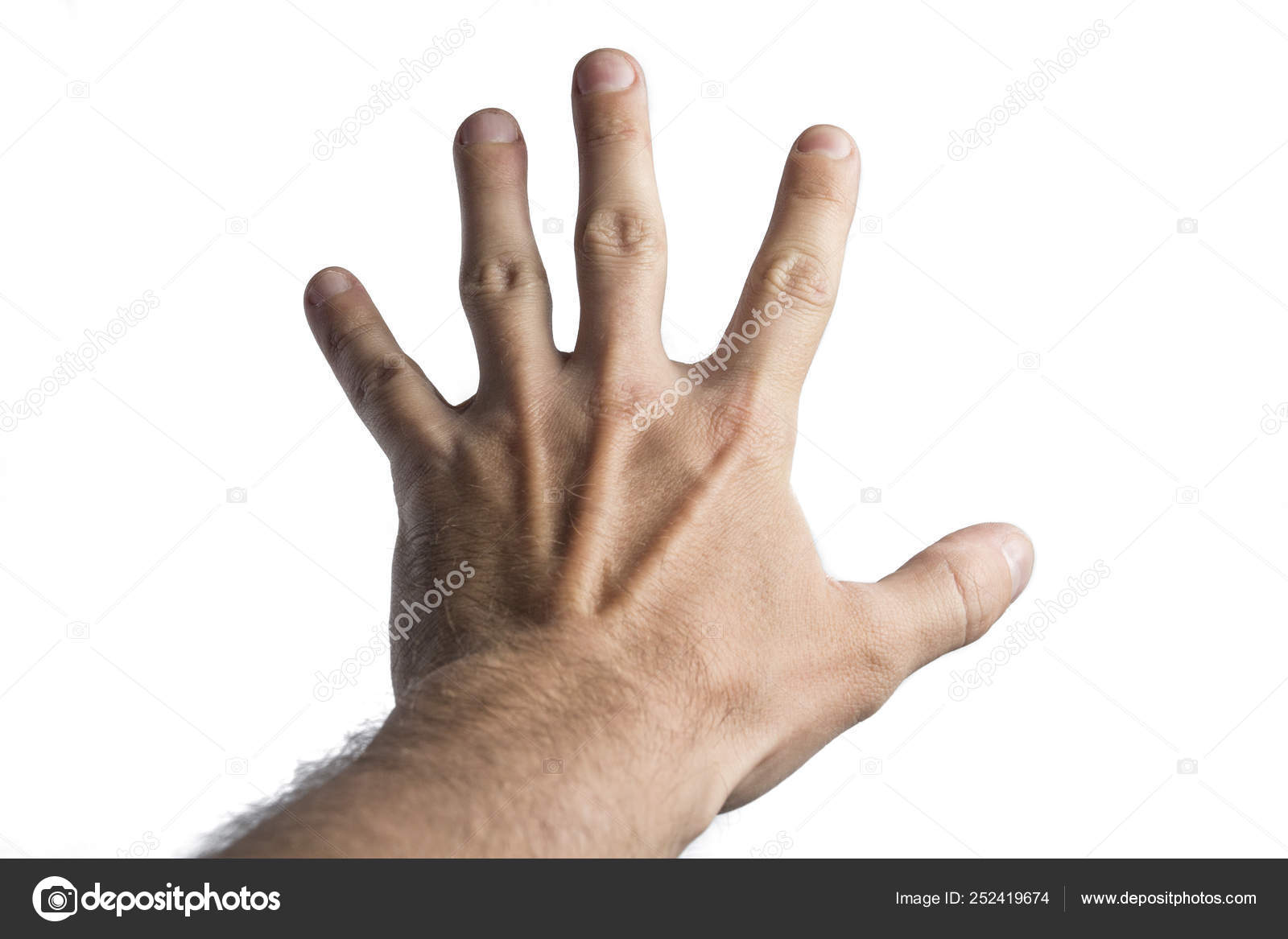 Male left hand reaches for the light on a white background. View from ...