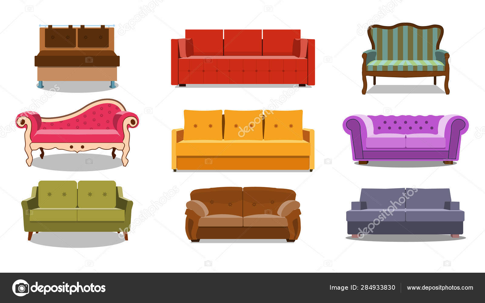 Sofa and couches colorful cartoon illustration vector set. Collection ...