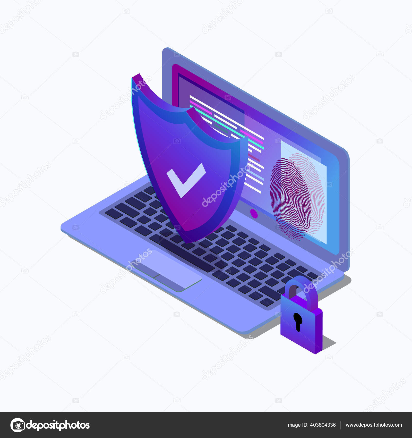 Cybersecurity isometric icon, data security concept, protected computer network, shield with ...