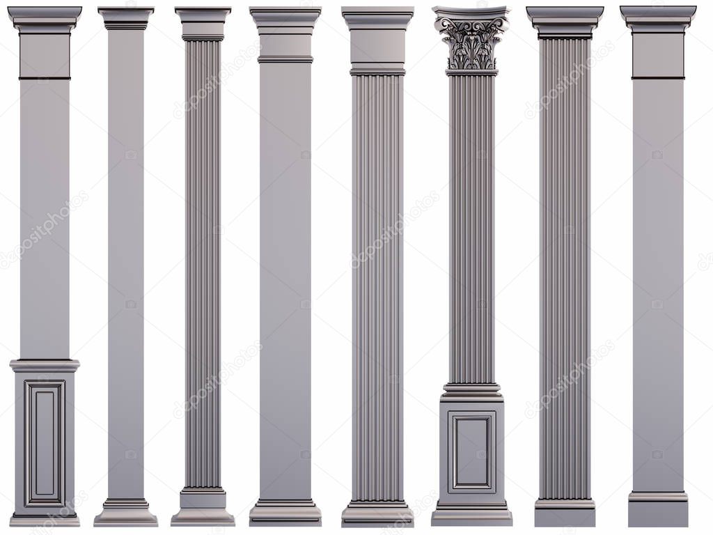 Columnas metálicas sobre fondo blanco. Aislado. Ilustración 3D 2025