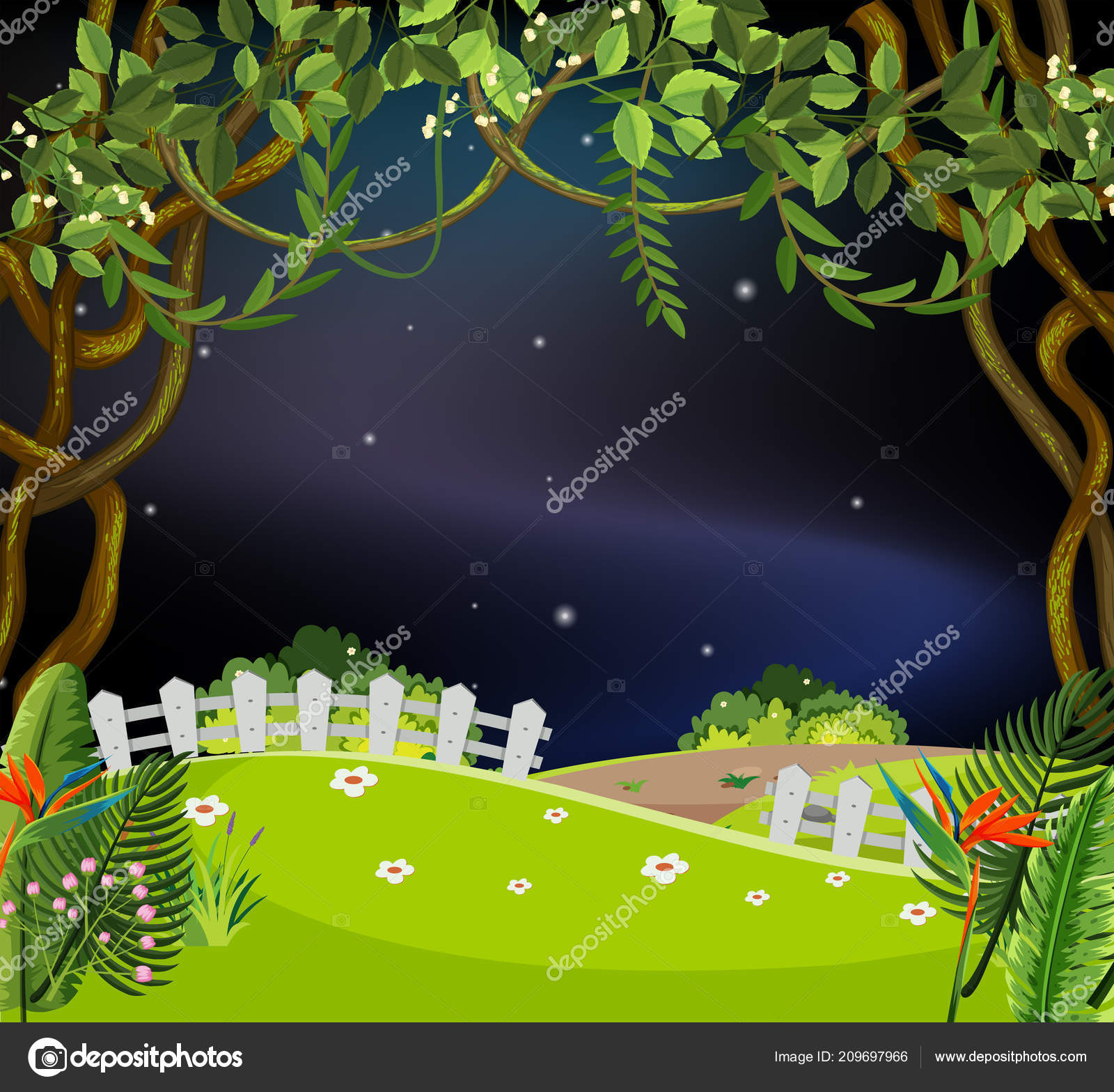Beautiful Garden Night Illustration Stock Vector Image by ©brgfx #209697966