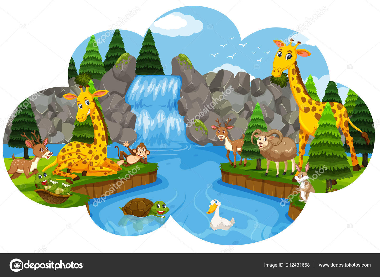 Wild Animal Waterfall Illustration Stock Vector Image by ©brgfx #212431668