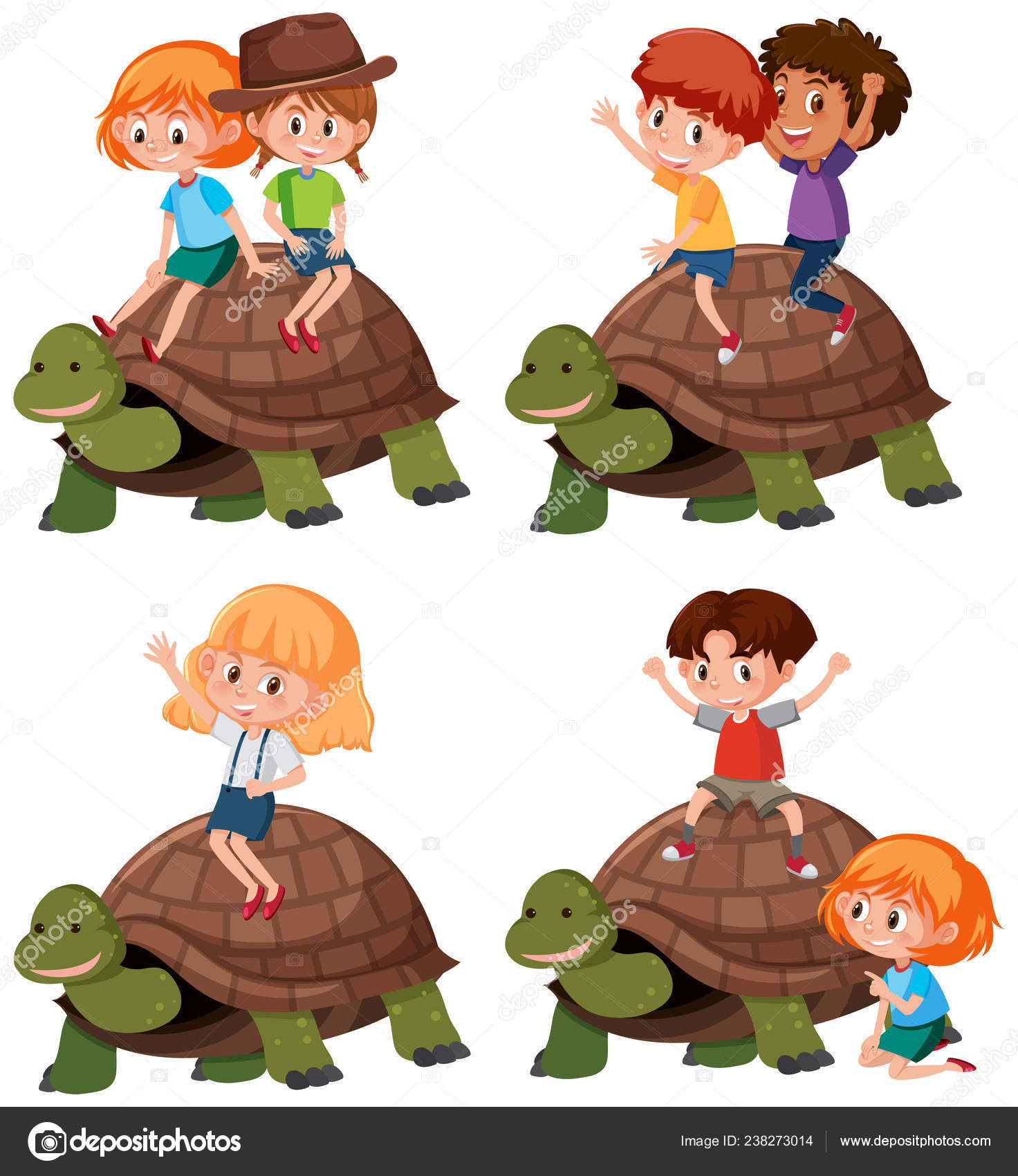 Set Kid Riding Turtle Illustration Stock Vector Image by ©brgfx #238273014