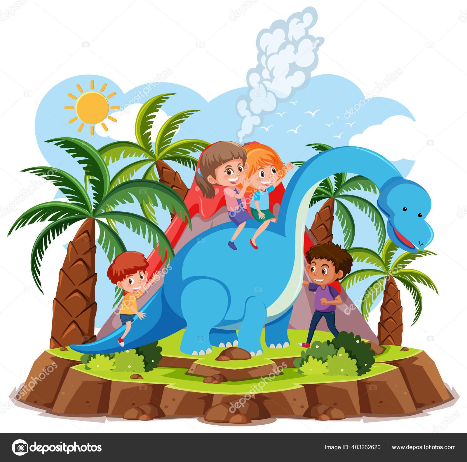 Kids Ride Cute Dinosaur Volcano Eruption Isolated White Background ...