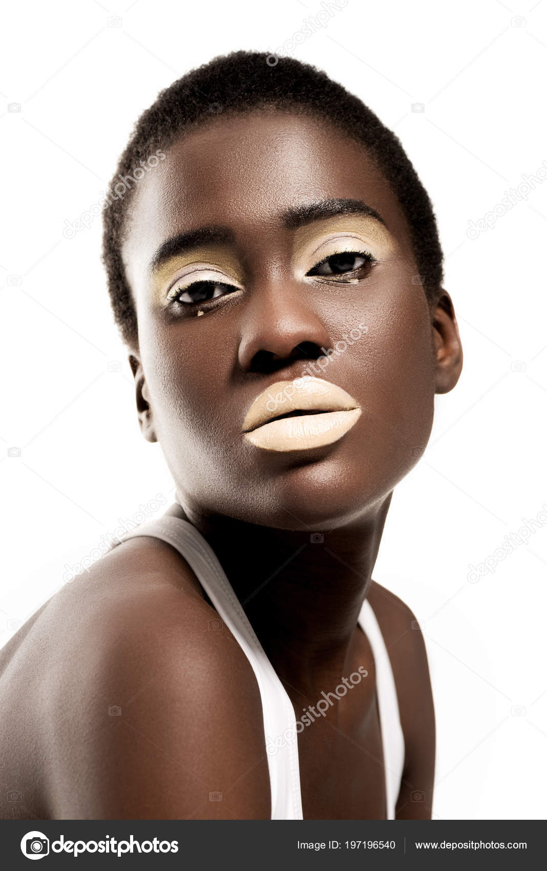 Portrait Beautiful Tender African American Girl White Makeup Looking