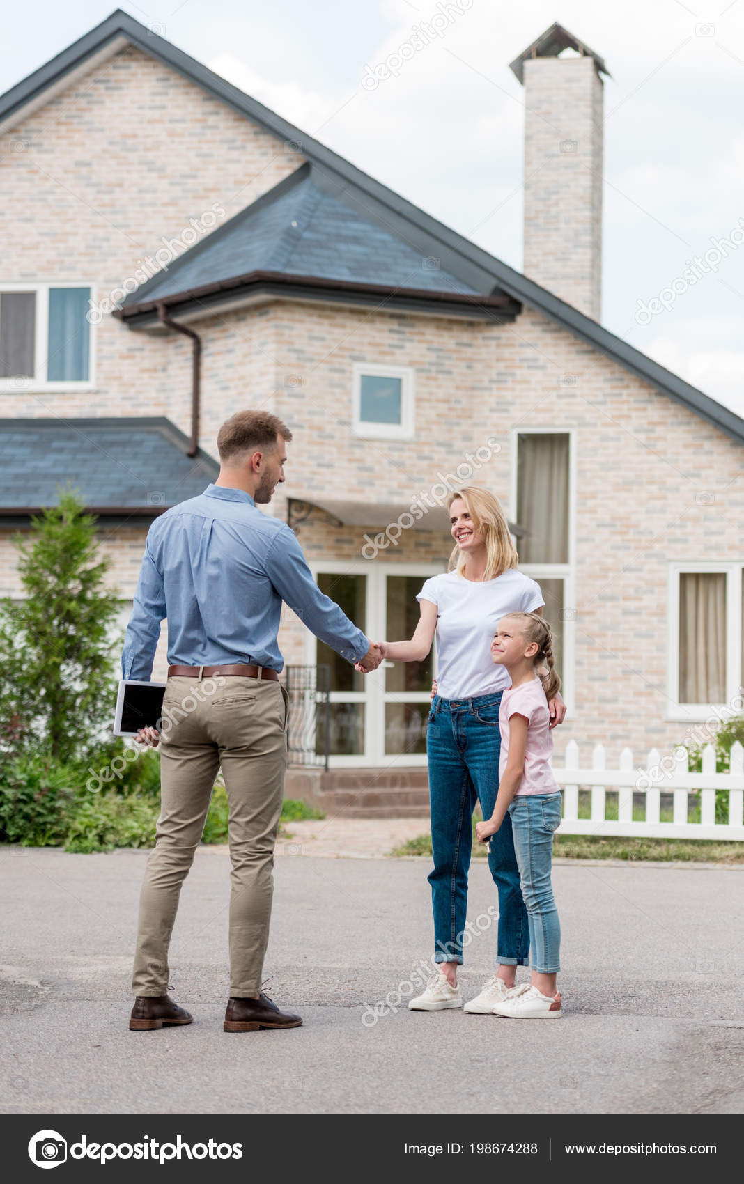 Realtor Digital Tablet Shaking Hand Woman Daughter Front New Cottage ...