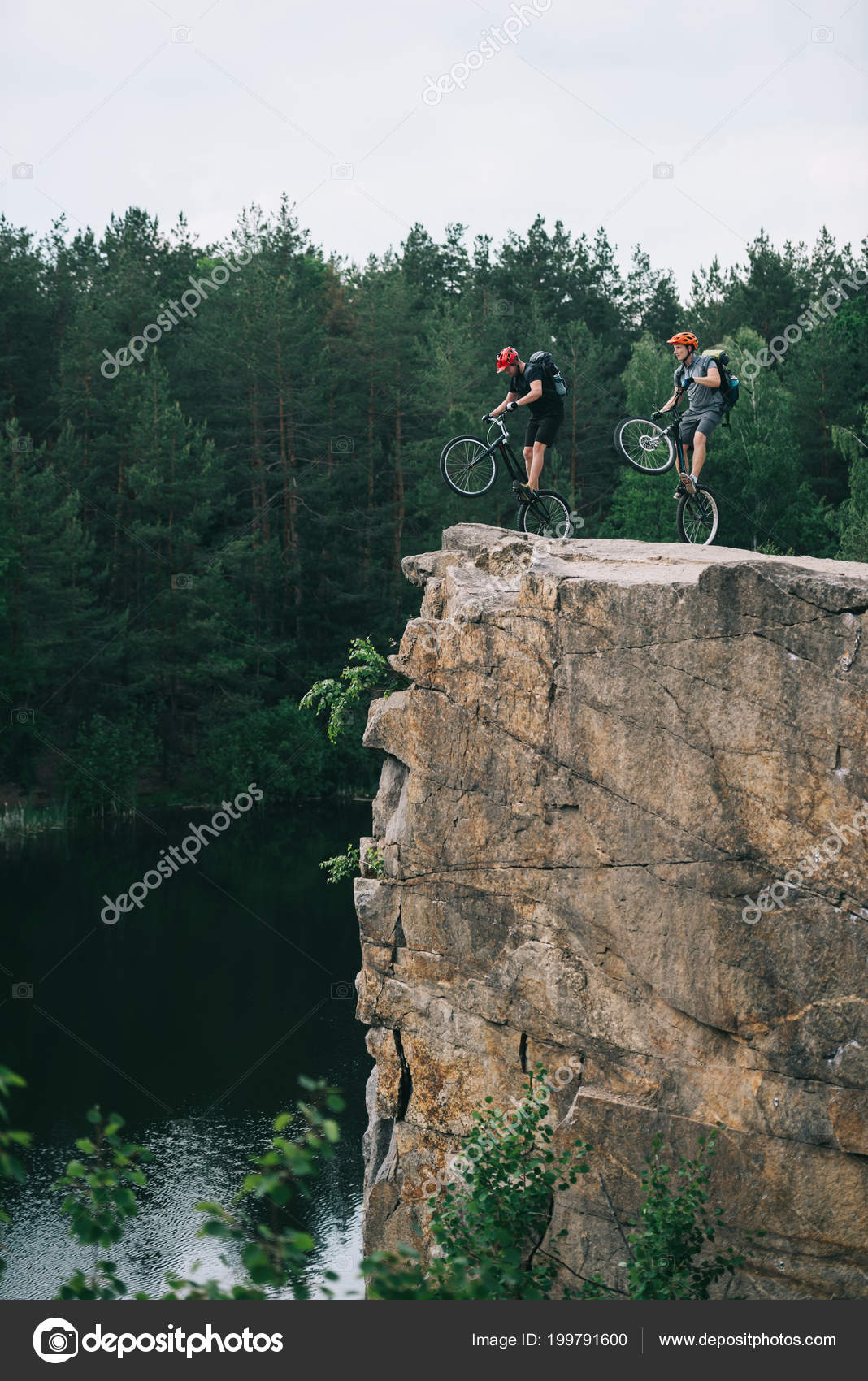 Side View Young Trial Bikers Standing Back Wheels Rocky Cliff Stock ...