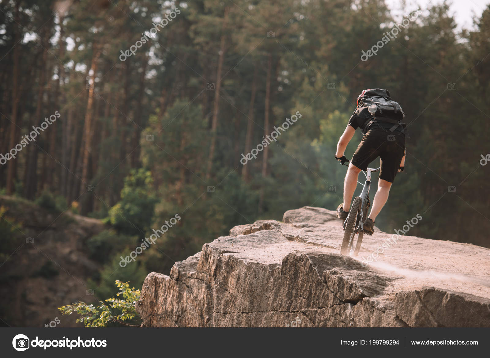 Back View Young Trial Biker Riding Rocks Outdoors — Stock Photo ...