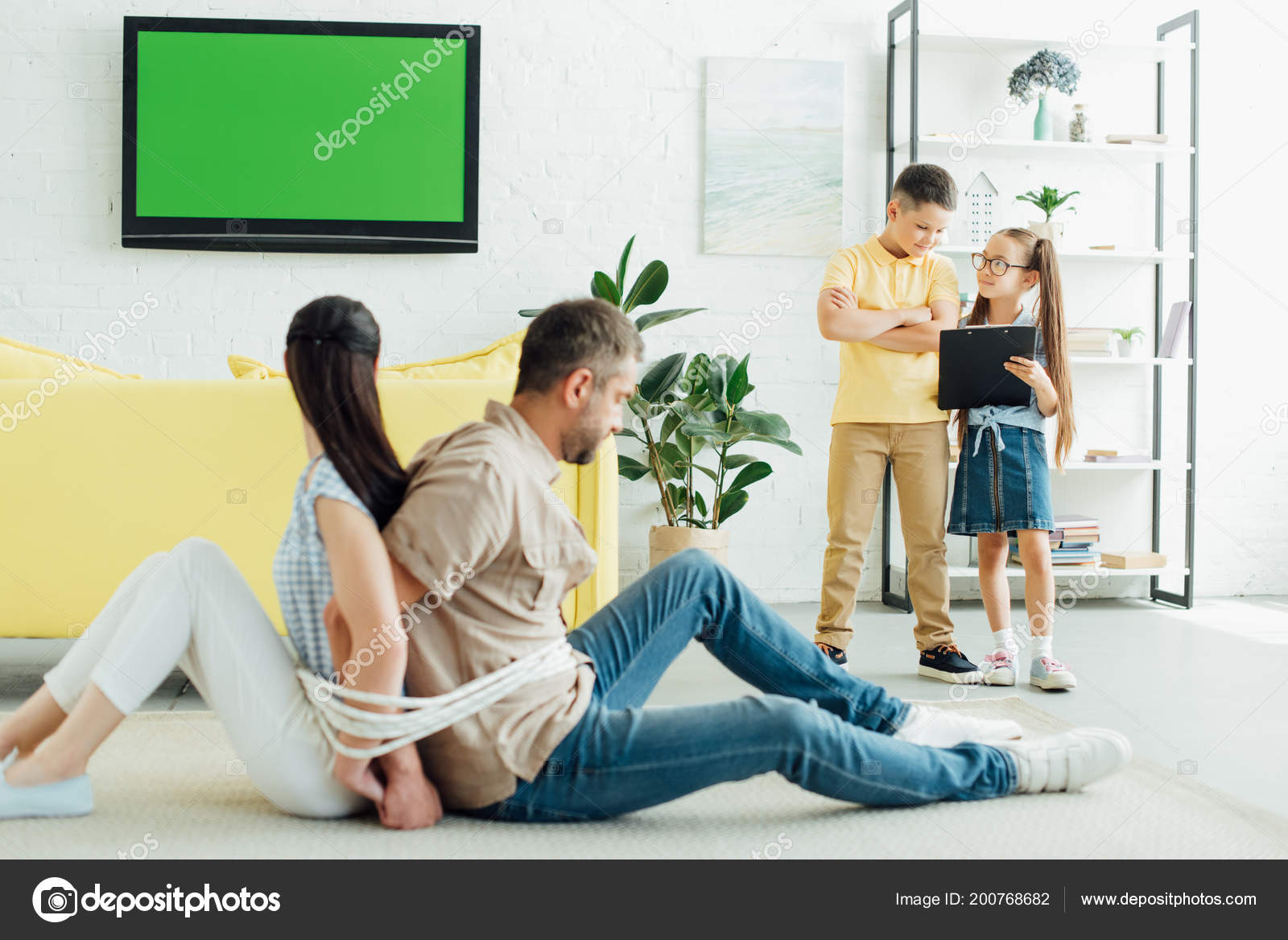 Parents Sitting Tied Rope Floor Children Looking Clipboard Home Stock ...