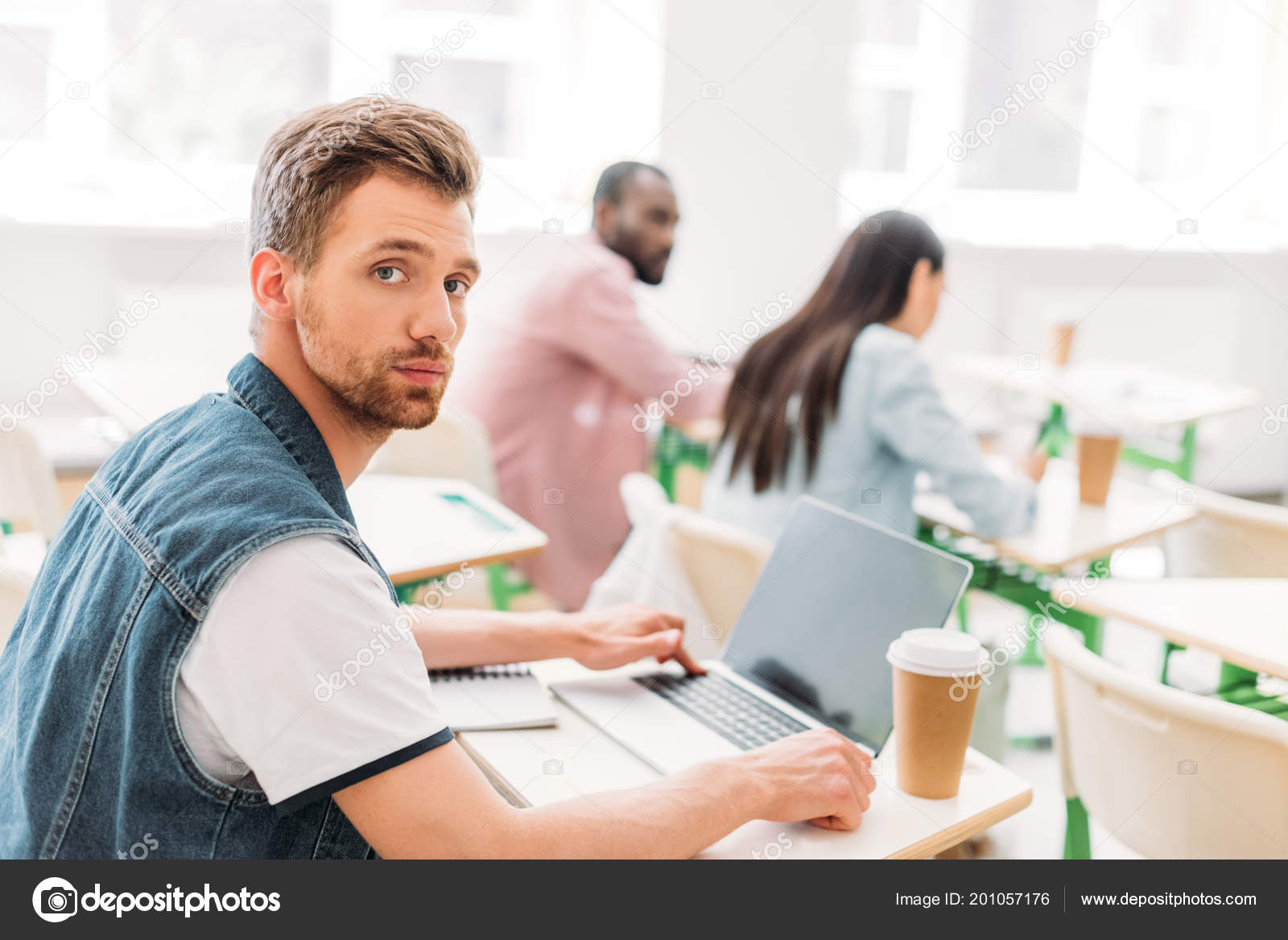 Handsome Young Student Laptop Sitting Classroom — Free Stock Photo ...