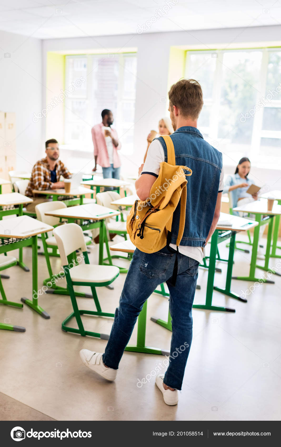 Rear View Young Student Classroom College Blurred Classmates Background ...