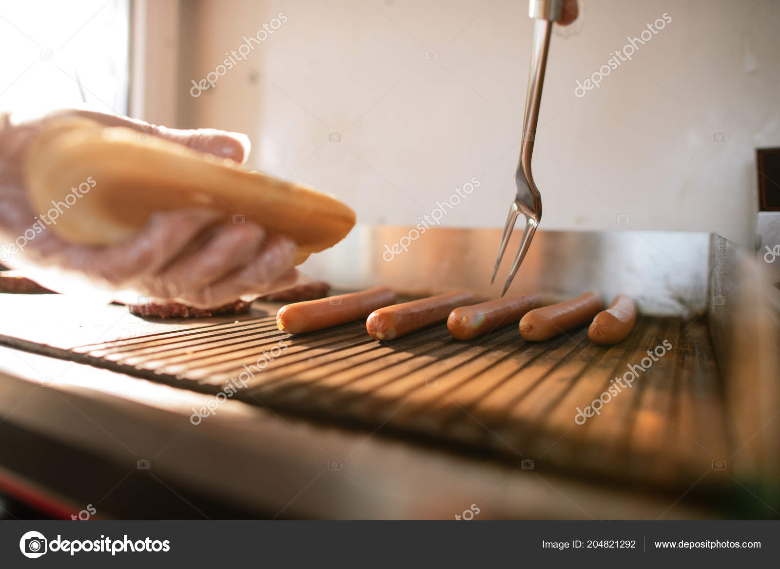Cropped Image Chef Preparing Hod Dog Food Truck Taking Sausage — Stock ...
