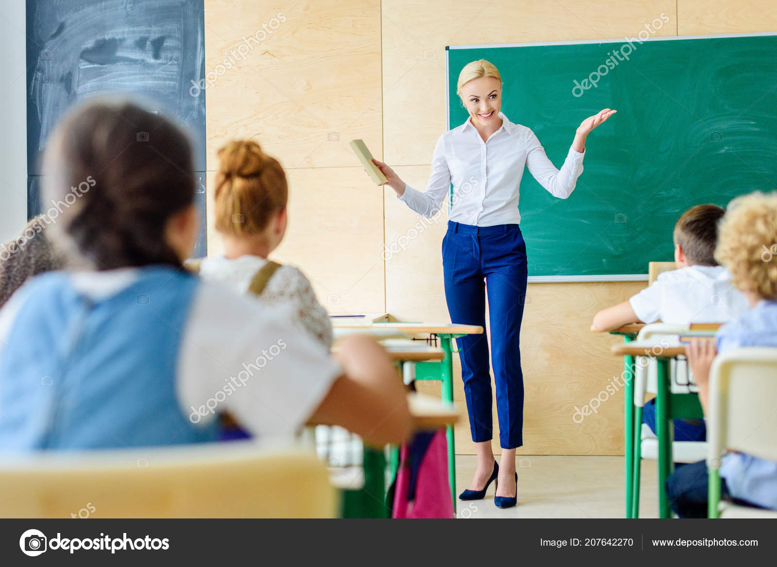 Beautiful Happy Teacher Performing Lecture Kids Lesson Stock Photo by ...