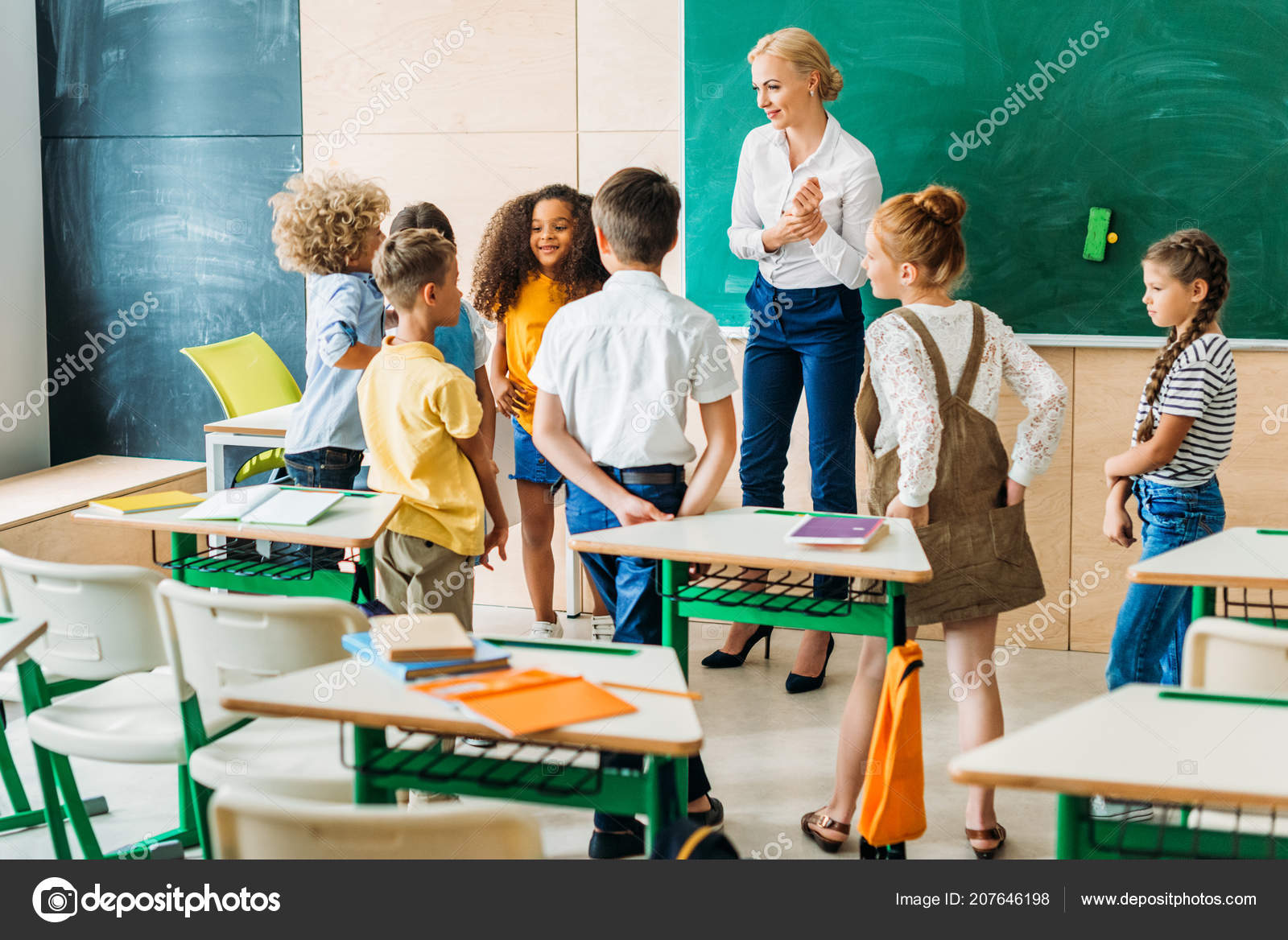 Group Classmates Standing Teacher Classroom — Stock Photo ...